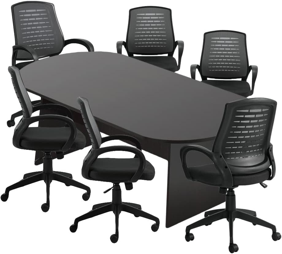 GOF 8 Ft. Espresso Conference Table with 6 Mesh Back Ergonomic Chairs ...