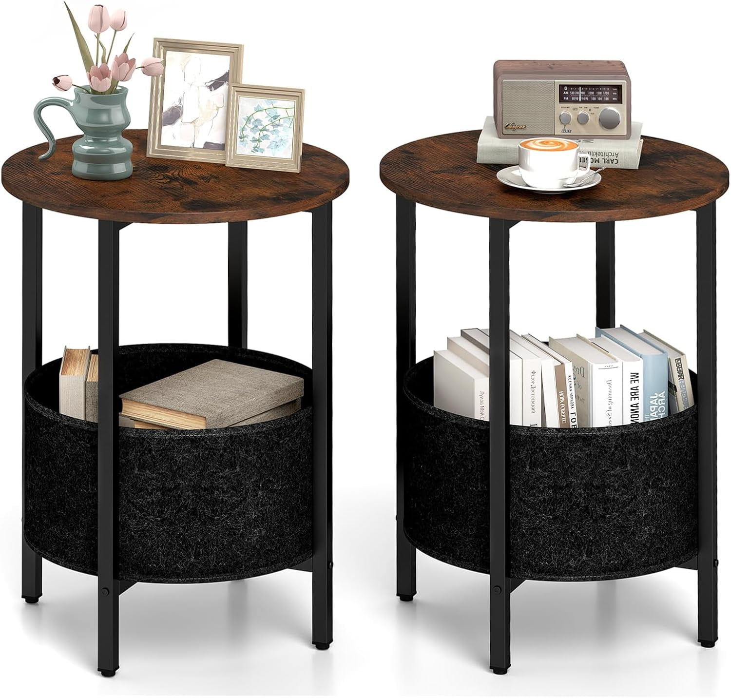 GOFALME Round End Table with Storage Set of 2, Sofa Side Table with ...