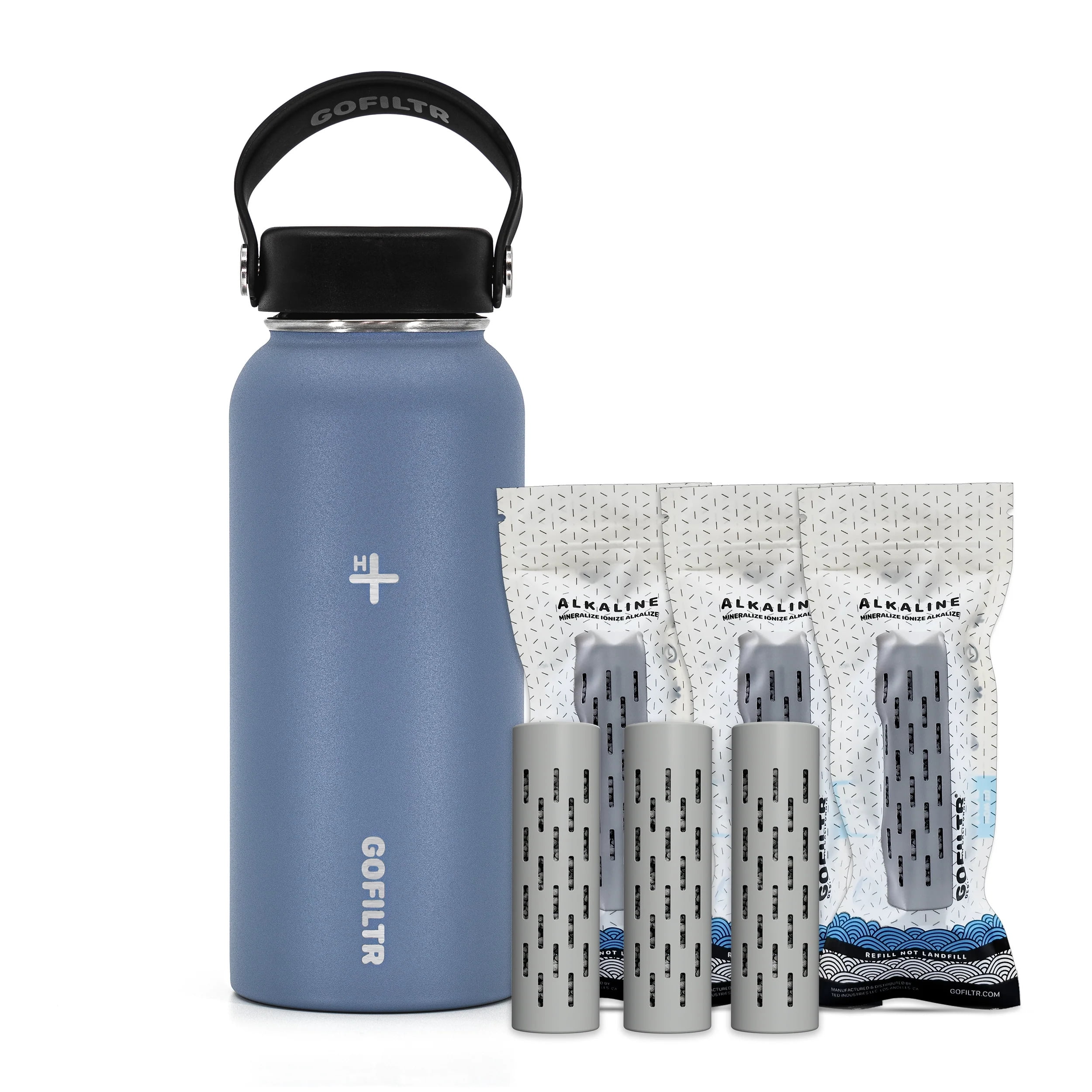 GOFILTR 32 oz Alkaline Water Bottle + 3 Alkaline Water Infusers 9.5 pH ...