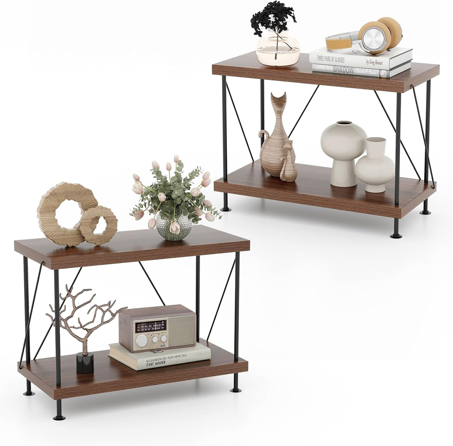 GOFLAME 2-Tier Bookshelf Set of 2, Freestanding Bookcase Shelf with ...