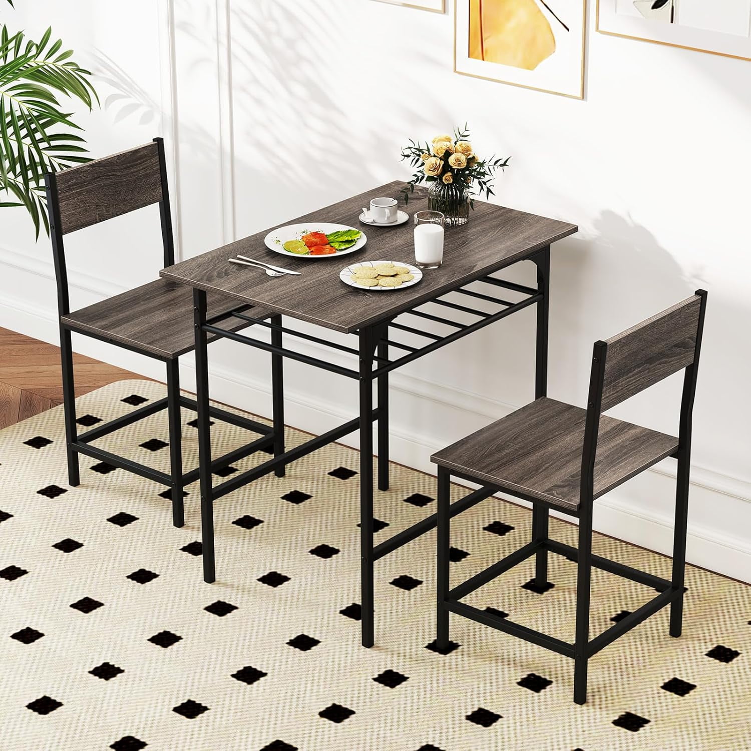 GOFLAME 3-Piece Dining Table Set for 2, Rectangular Wood Kitchen Table ...