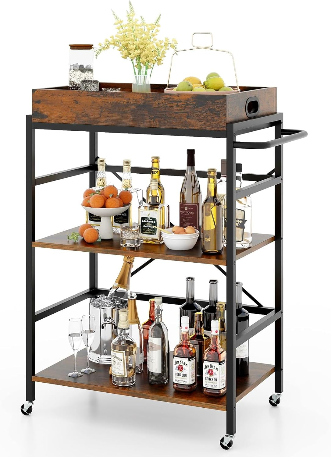 GOFLAME 3-Tier Bar Cart, Kitchen Utility Cart with Detachable Tray ...