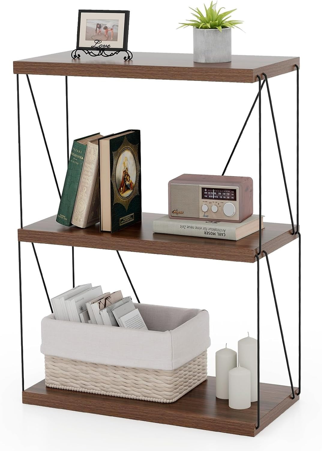 GOFLAME 3-Tier Bookshelf, Freestanding Bookcase Shelf with Metal Frame ...