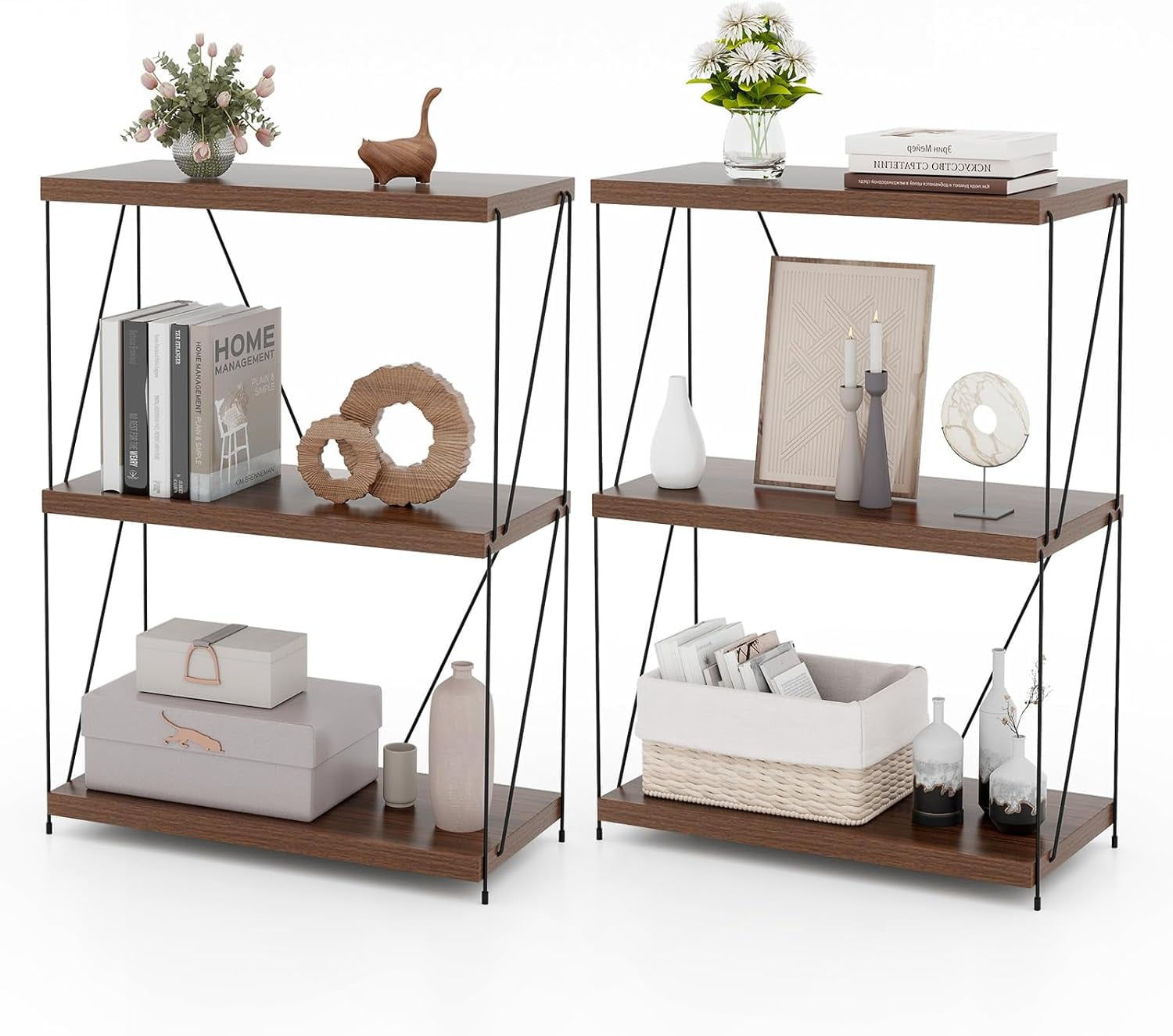 GOFLAME 3-Tier Bookshelf Set of 2, Freestanding Bookcase Shelf with ...