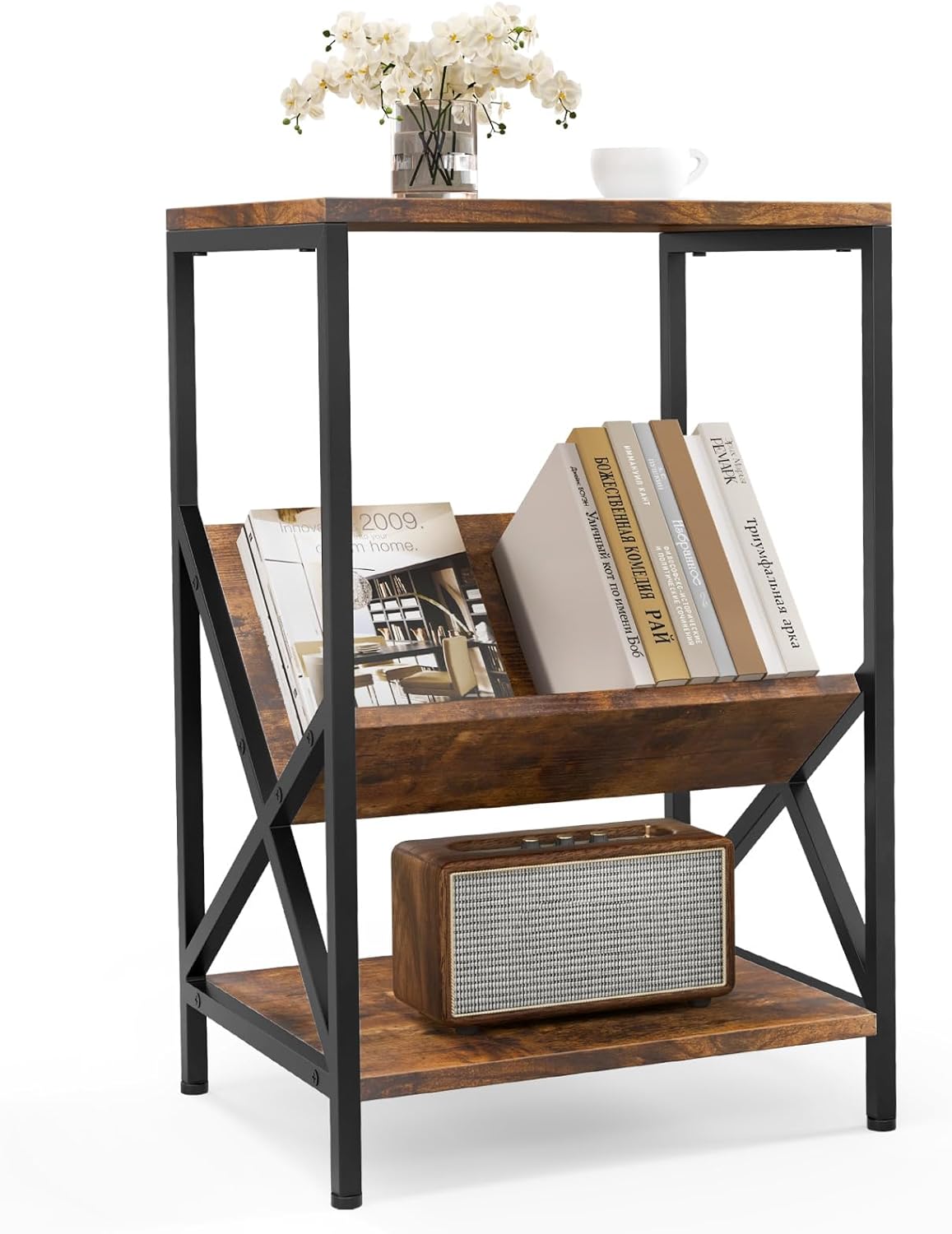 GOFLAME 3-Tier End Table, Sofa Side Table with 2 Storage Shelves and V ...