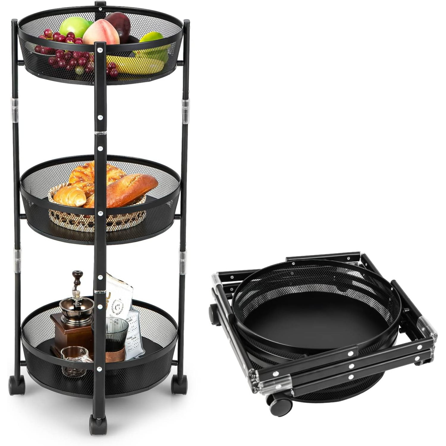 GOFLAME 3-Tier Foldable Storage Cart, Rolling Fruit Vegetable Basket ...