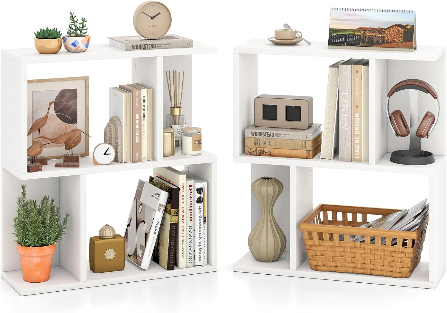 GOFLAME 3-Tier Geometric Bookcase Set of 2, S-Shaped Book Shelf with 2 ...