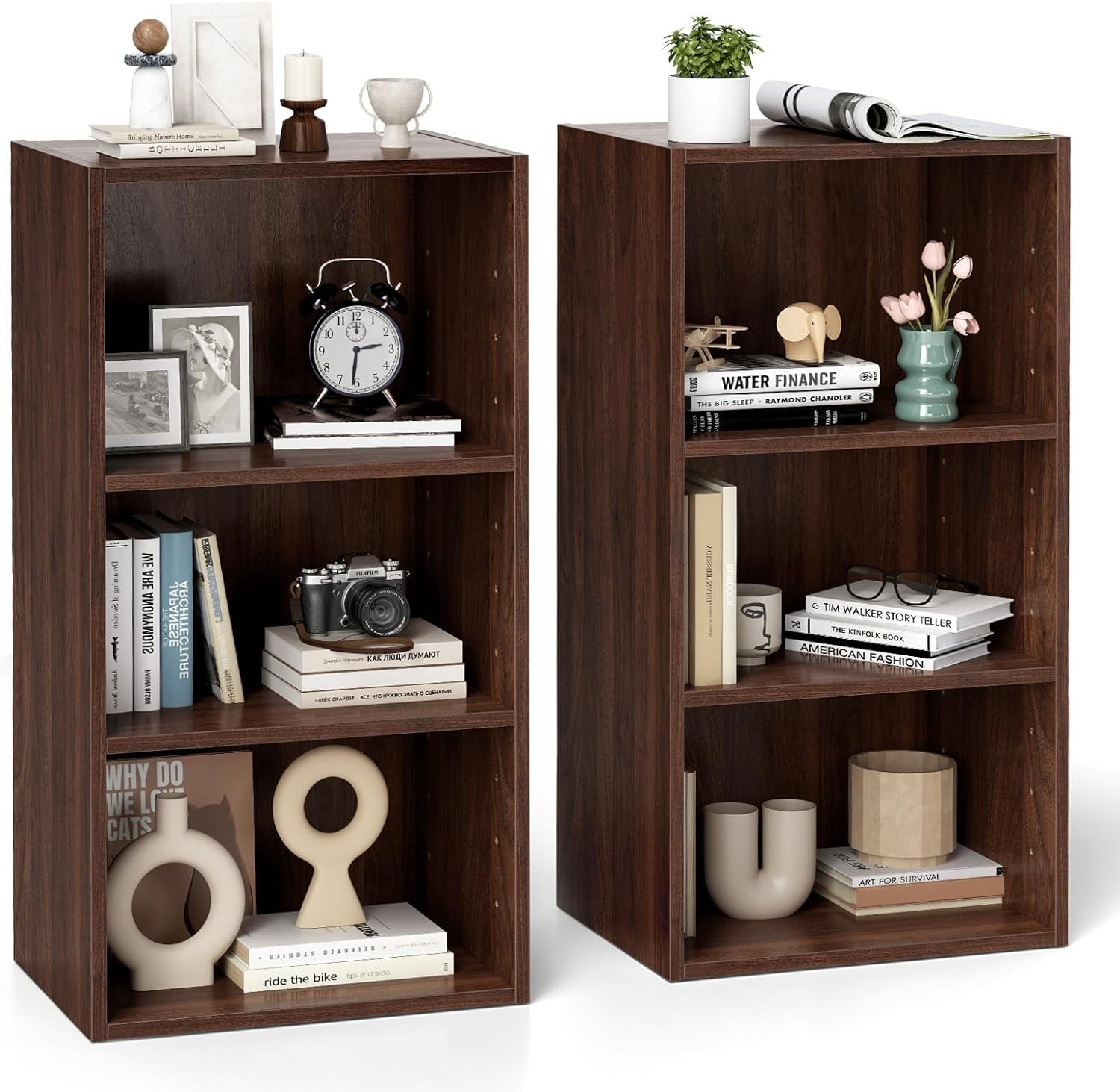 GOFLAME 3 Tier Small Open Bookshelf Set of 2, Short Bookcase with 2 ...