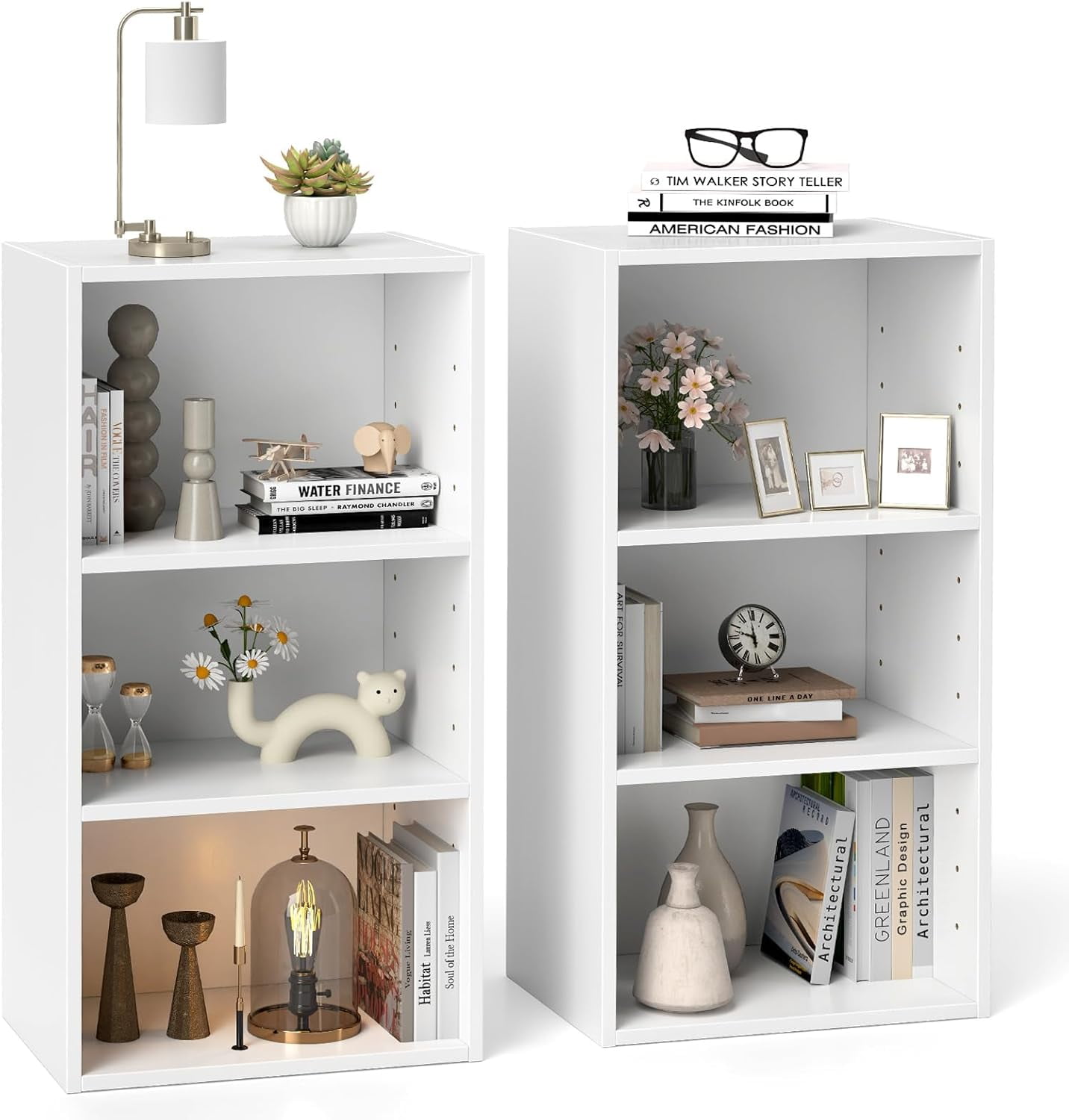 GOFLAME 3 Tier Small Open Bookshelf Set of 2, Short Bookcase with 2 ...