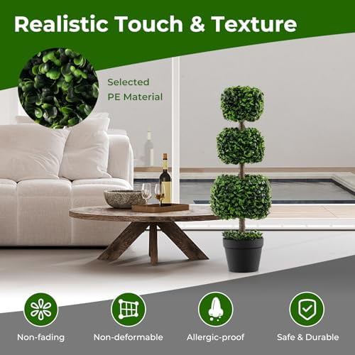 GOFLAME 35” Artificial Boxwood Topiary Tree, 2 Pack Faux Triple Square ...