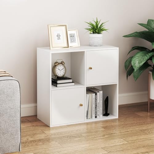GOFLAME 4 Cube Bookcase with Doors, 2-Tier Cubic Book Shelf with 2 Open ...