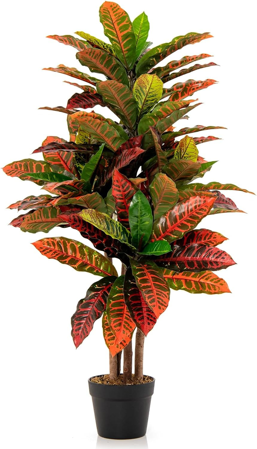 GOFLAME 40” Artificial Croton , Greenery Potted with Colorful Leaves ...