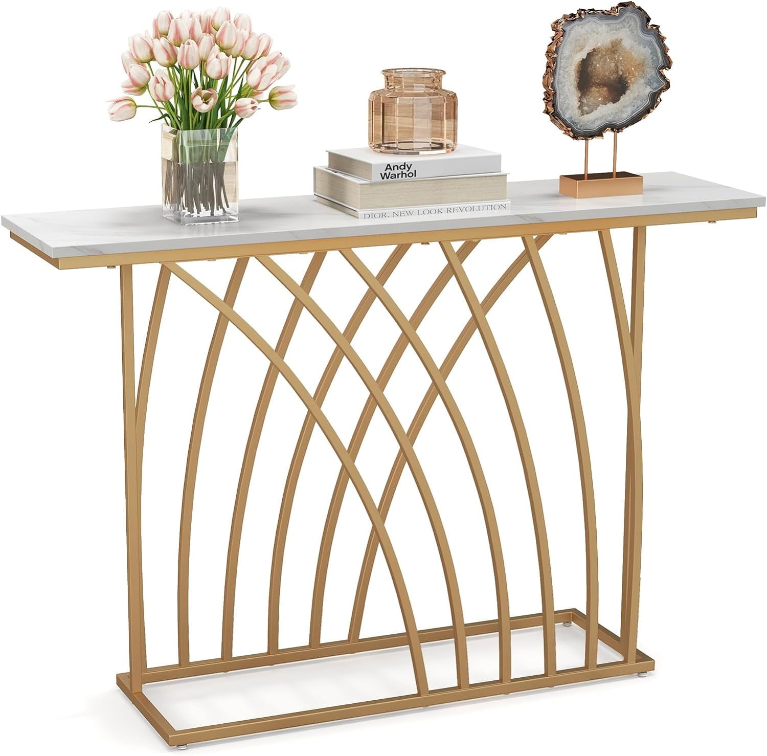 GOFLAME 48” Gold Console Table, Modern Entryway Table with White Faux ...