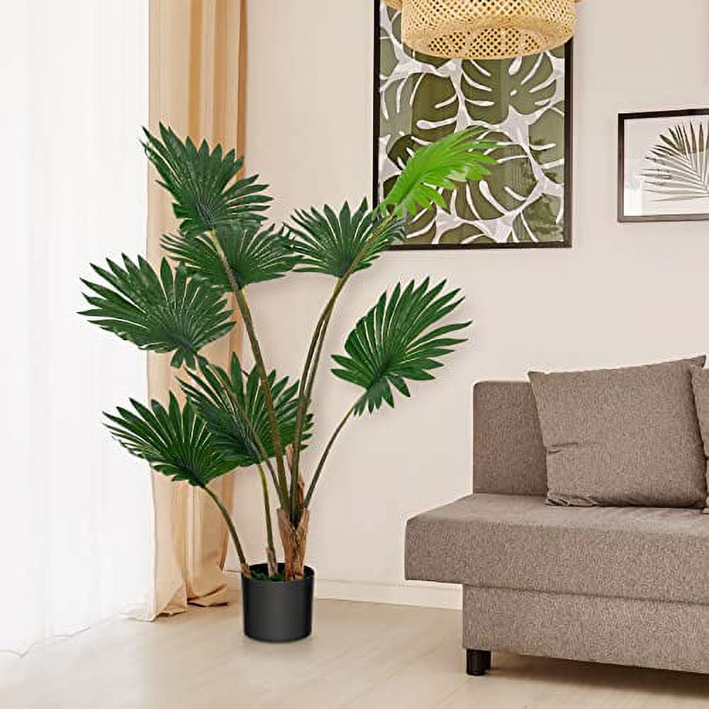 GOFLAME 4FT Artificial Fan Palm Tree, Potted Fake Tropical Palm Tree ...