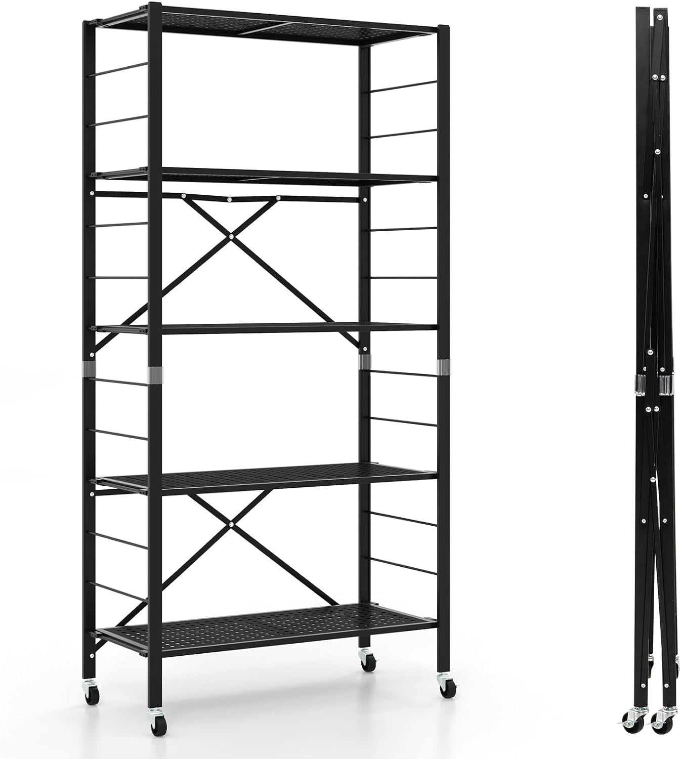 GOFLAME 5-Tier Folding Storage Shelf, Adjustable Shelves with Wheels ...