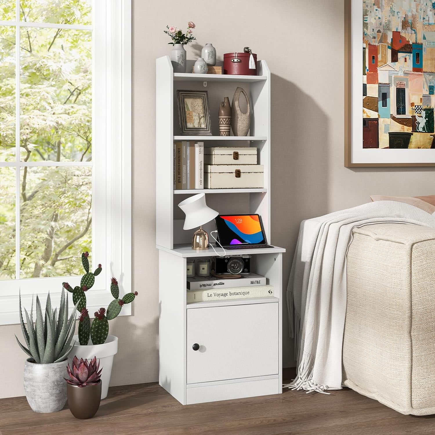 GOFLAME 56" Tall Nightstand with Charging Station, Bedside Table with ...