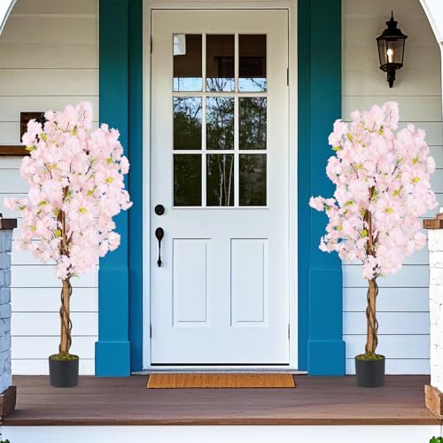 GOFLAME 5FT Artificial Cherry Blossom Tree, 2 Pack Faux Pink Silk Plant ...