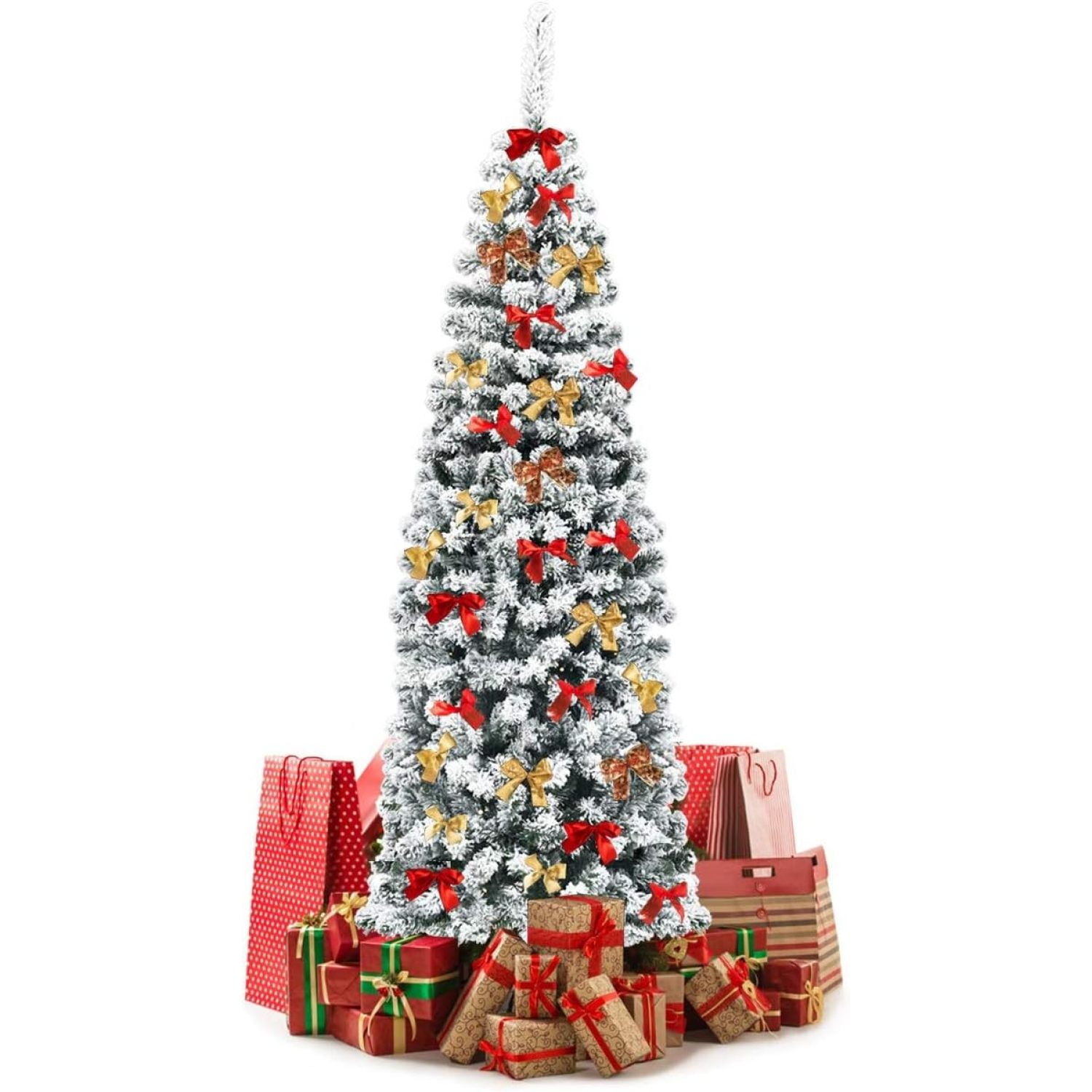 GOFLAME 6 FT Snow Flocked Pencil Christmas Tree, Classic Realistic Pine ...