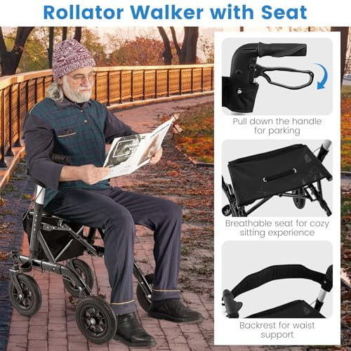 GOFLAME All-Terrain Rollator Walker w/Pneumatic Tires, Foldable Outdoor ...