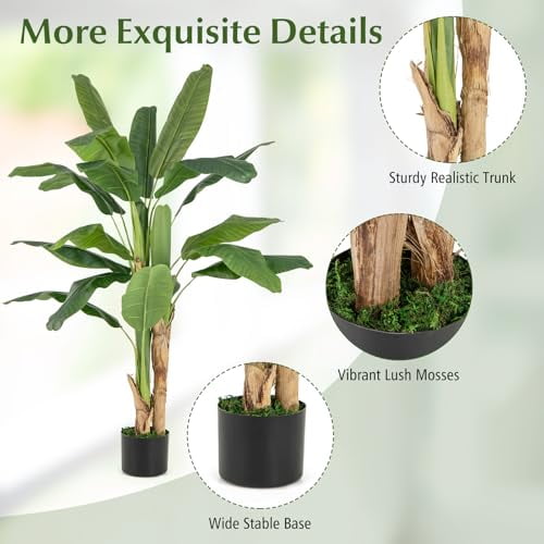GOFLAME Artificial Banana Tree, 5.3FT Faux Banana Leaf Plant with ...