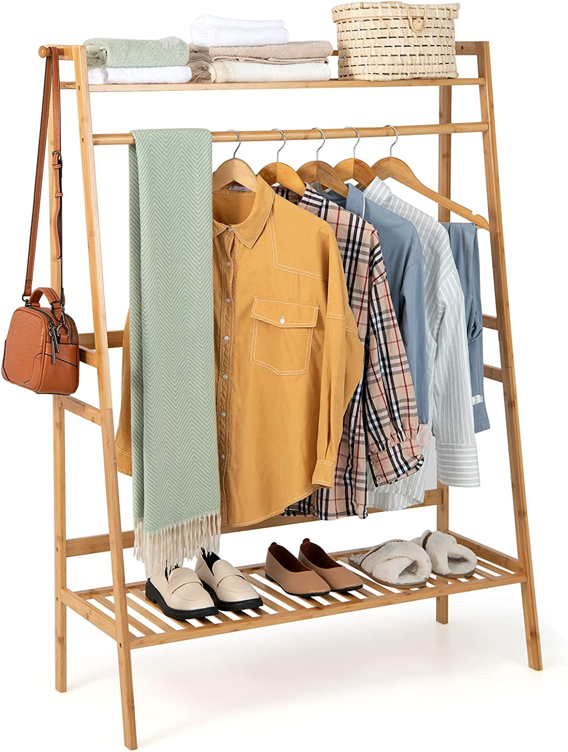GOFLAME Bamboo Garment Rack, Heavy Duty Clothes Rack w/Top Shelf ...