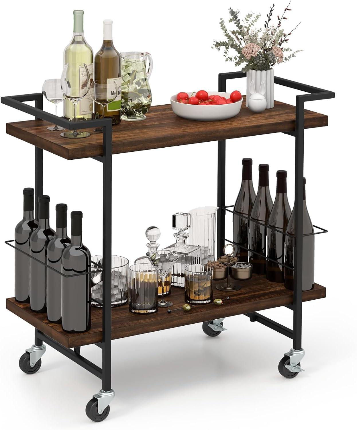 GOFLAME Bar Cart for Home, 2-Tier Kitchen Cart with Lockable Wheels and ...
