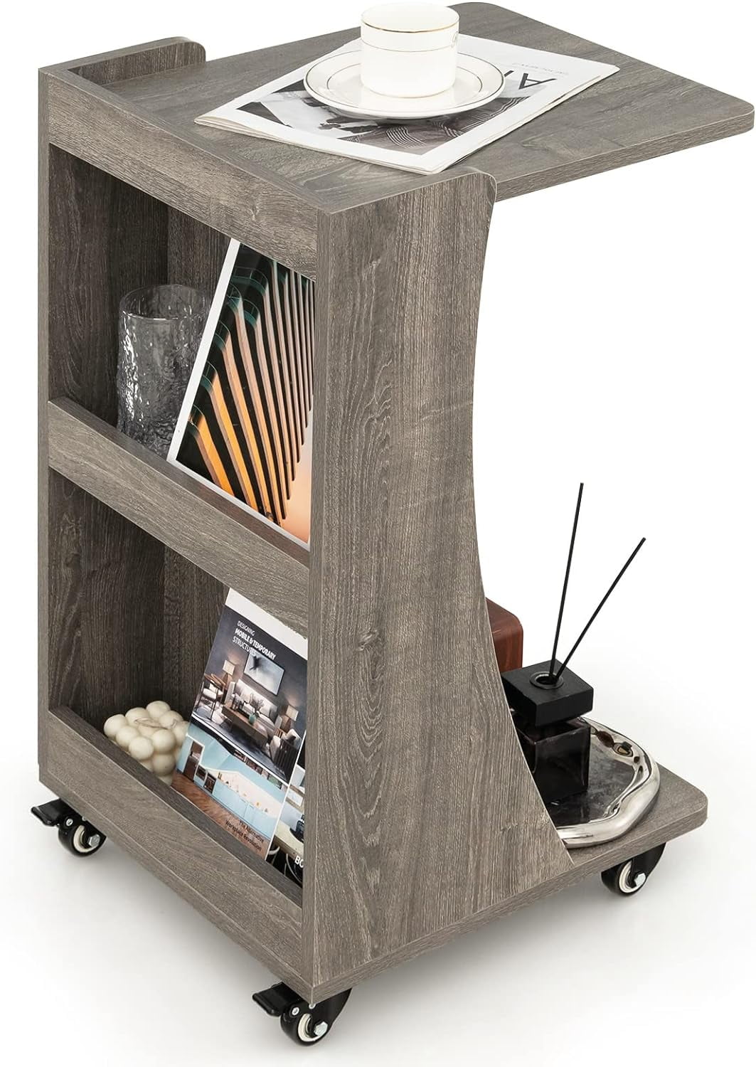 GOFLAME C-Shaped End Table, Mobile Sofa Side Table with 2 Back Storage ...