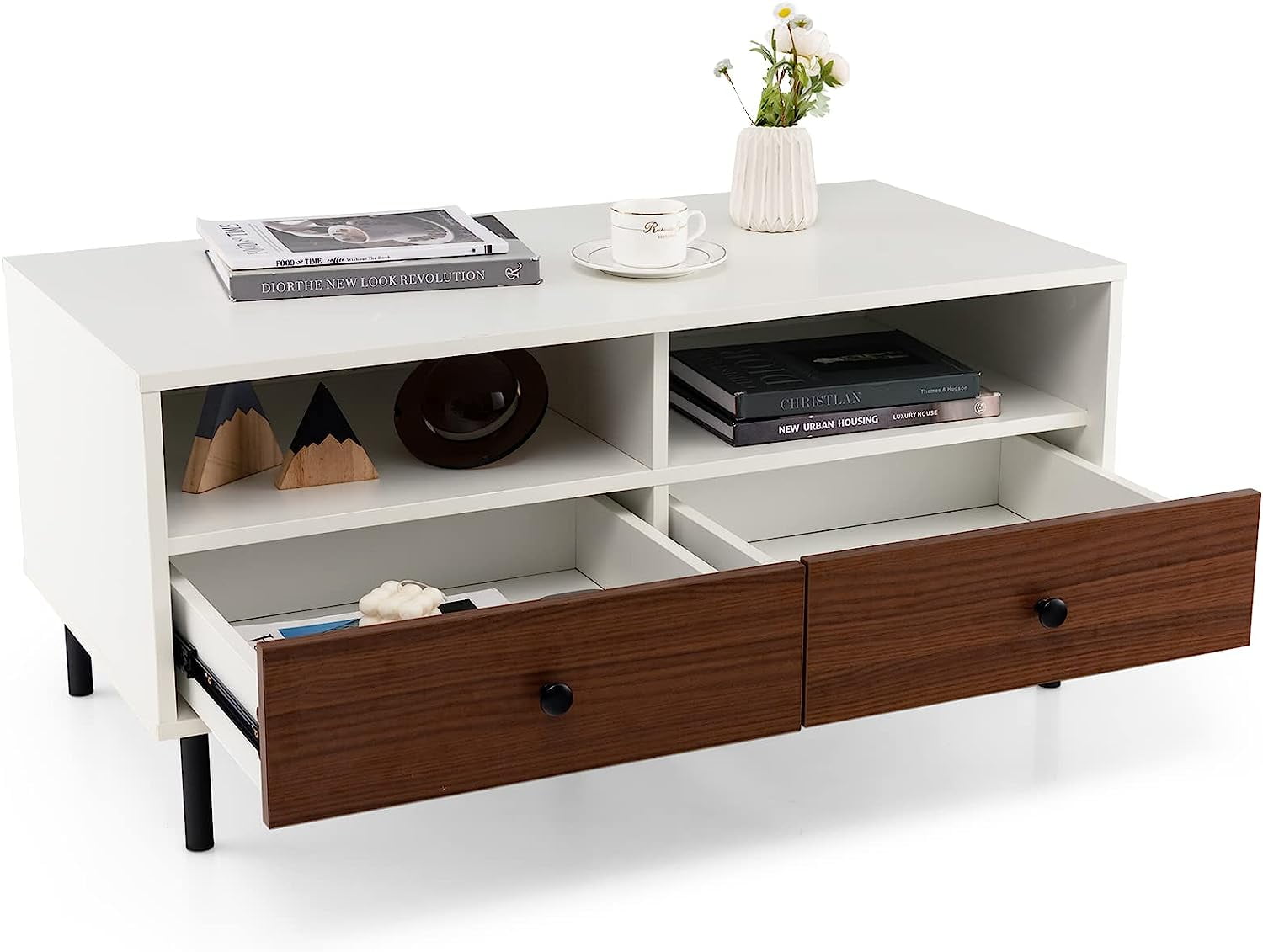 GOFLAME Coffee Table with 2 Drawers & Open Shelves, 2-Tier Center Table ...