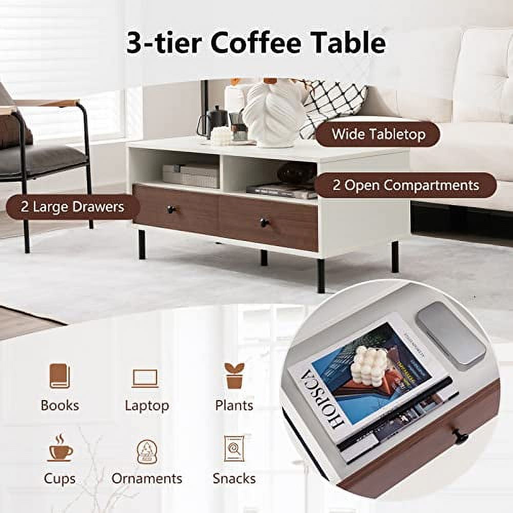 GOFLAME Coffee Table with 2 Drawers & Open Shelves, 2-Tier Center Table ...