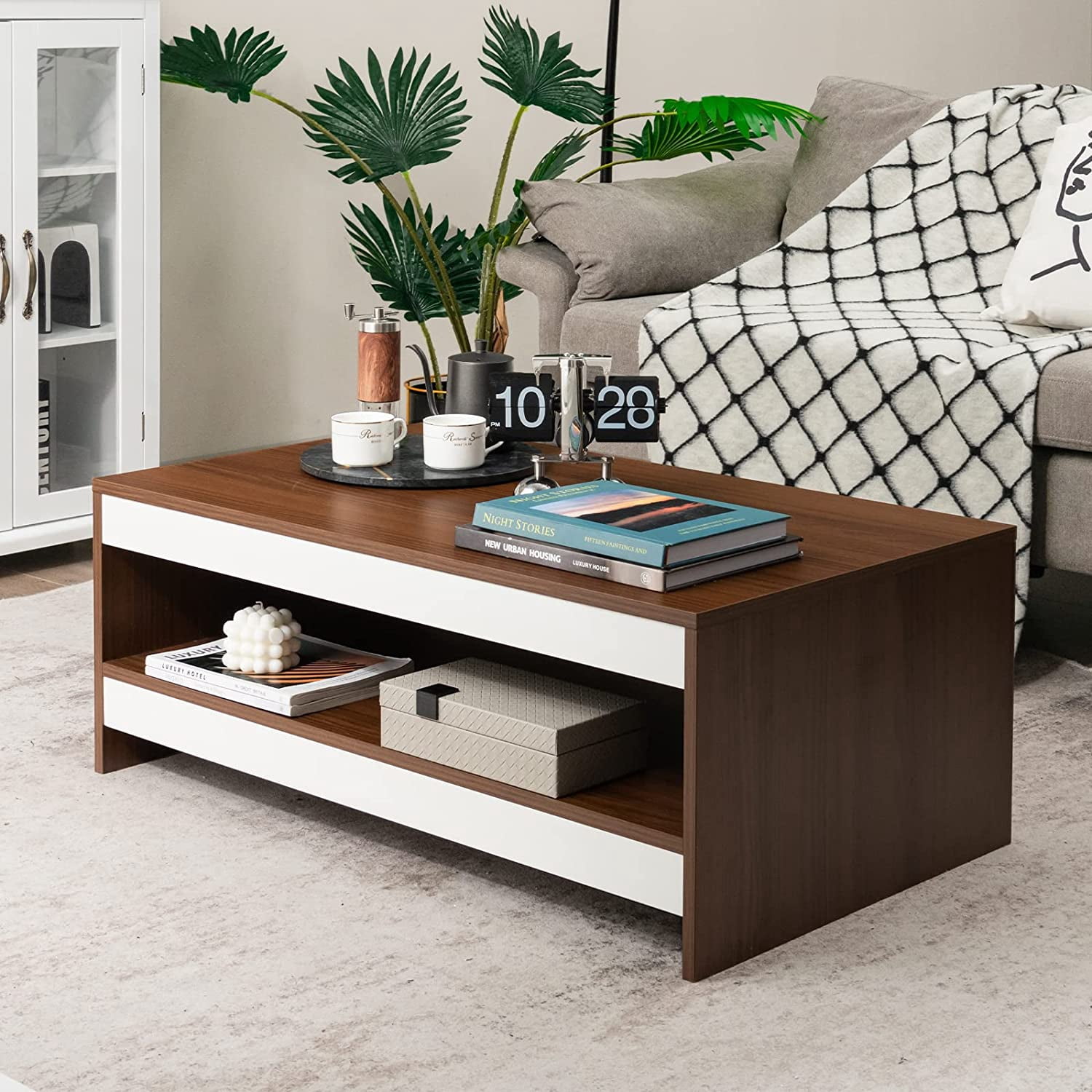 GOFLAME Coffee Table, 2-Tier Wooden Tea Table with Wide Tabletop and ...