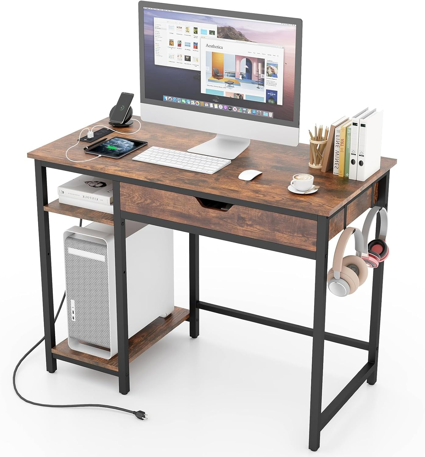 GOFLAME Computer Desk with Drawer, Writing Desk with Power Outlets ...