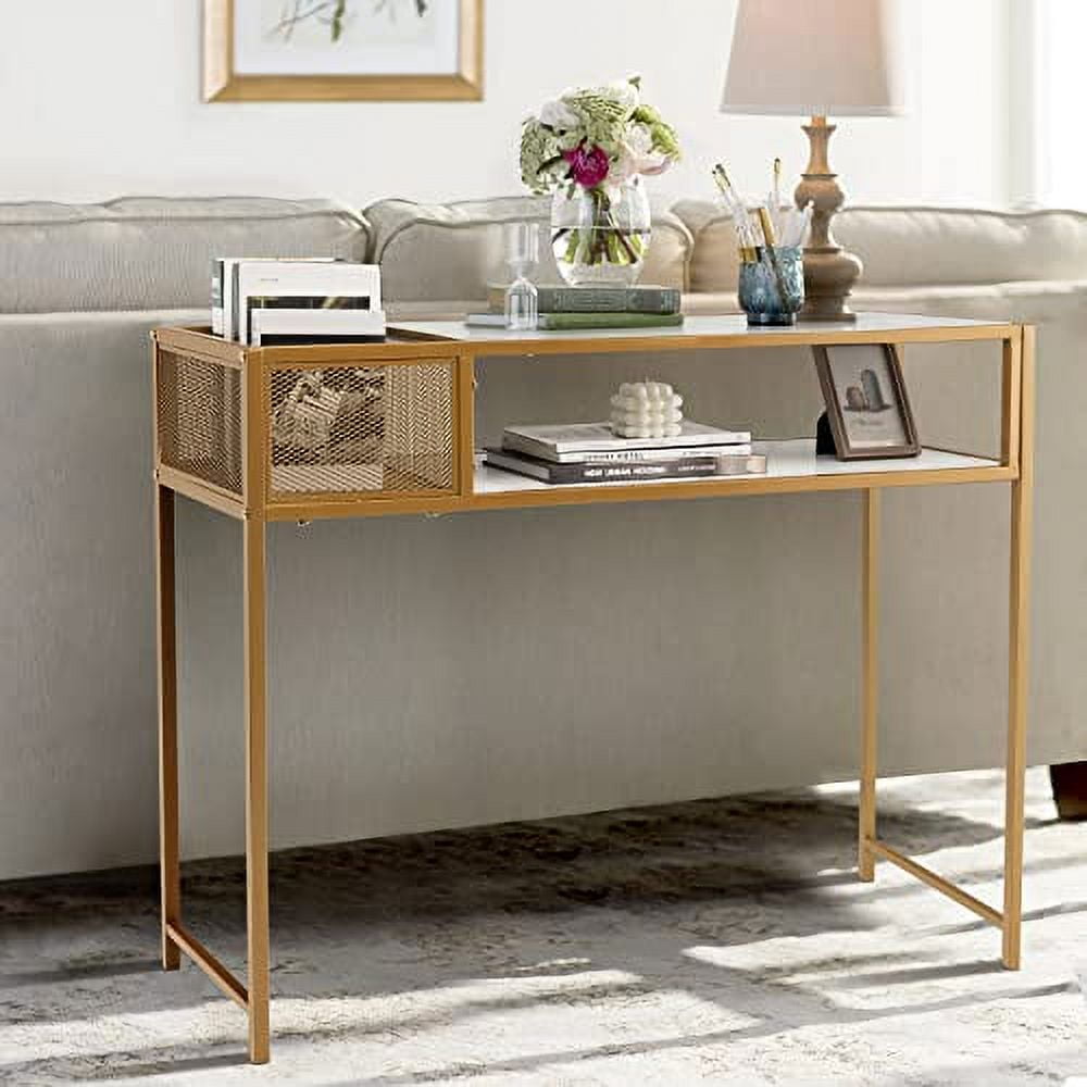 GOFLAME Console Table with Storage, White Faux Marble Sofa Table with ...
