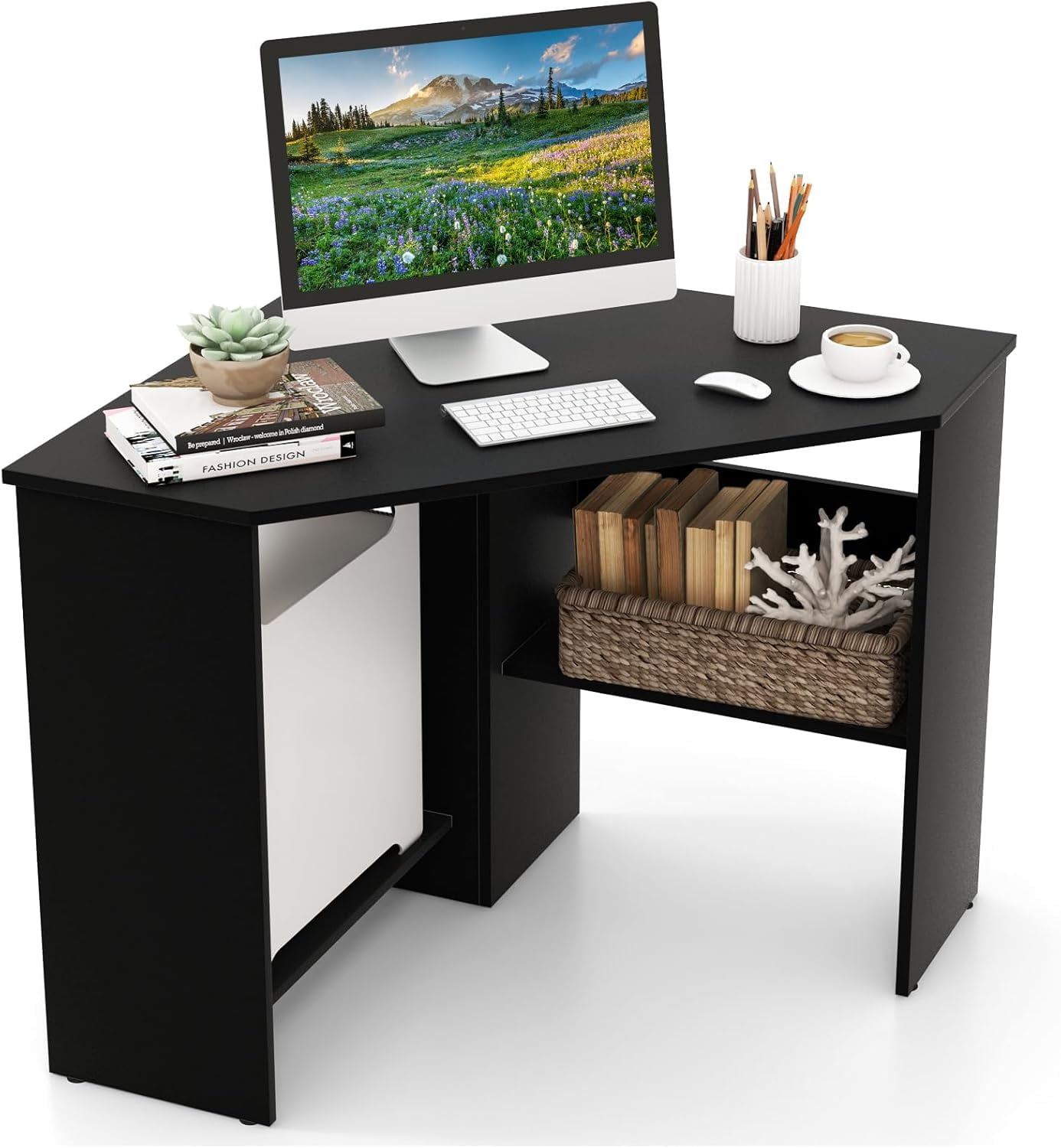 GOFLAME Corner Desk with Storage Shelves, Triangular Computer Desk with ...