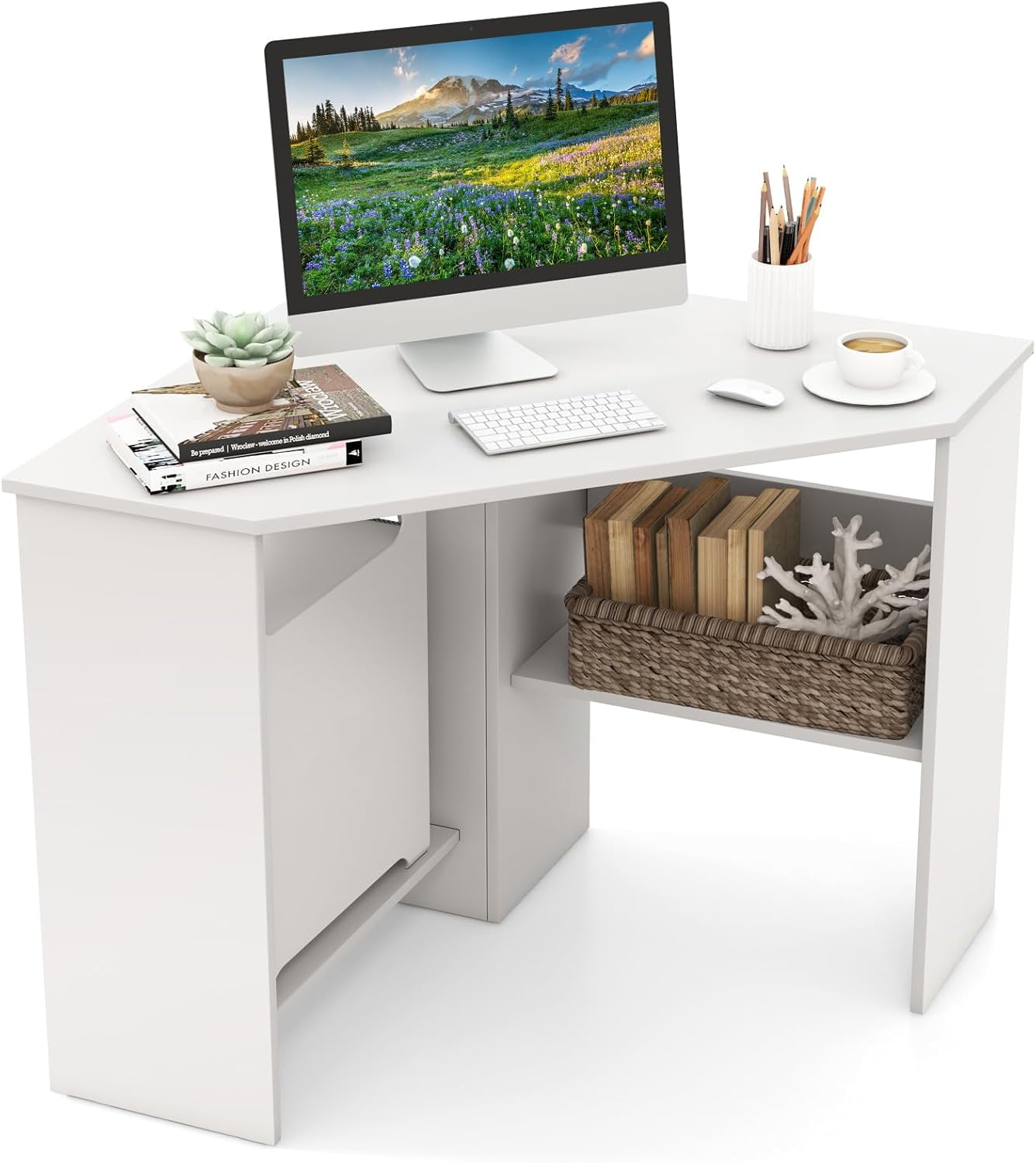 GOFLAME Corner Desk with Storage Shelves, Triangular Computer Desk with ...