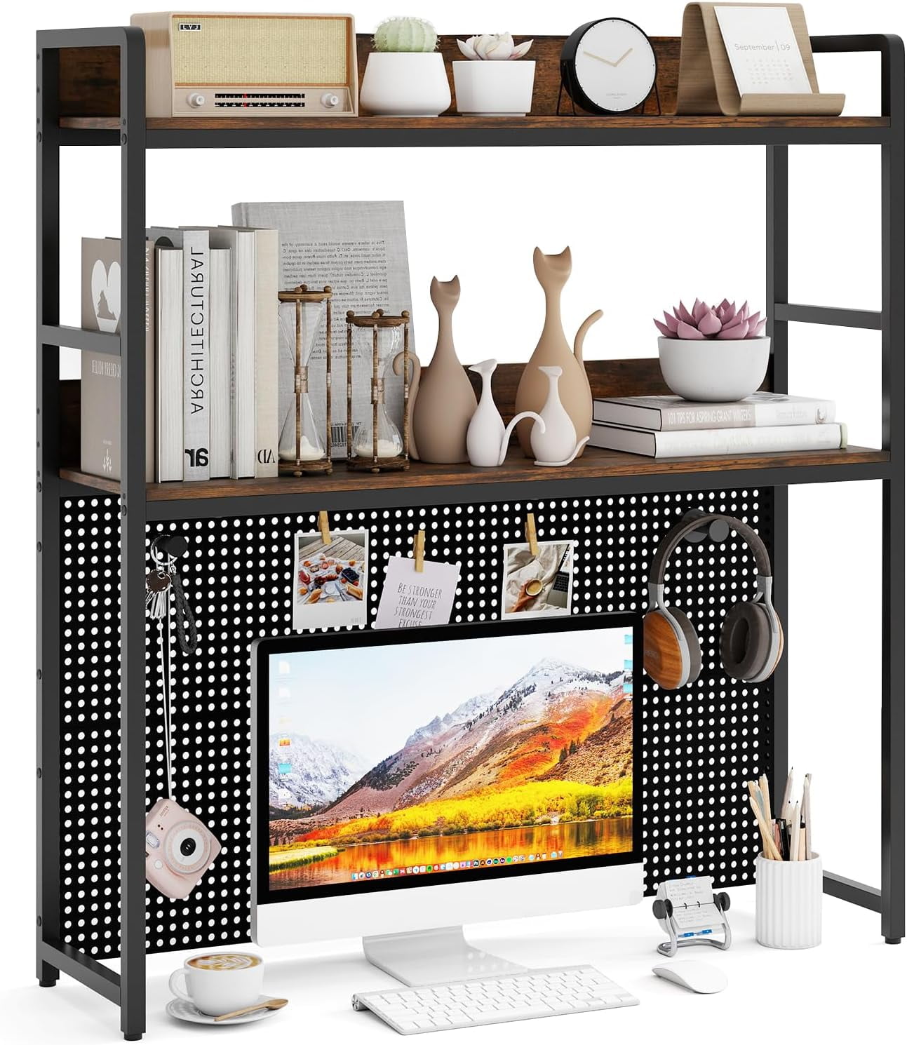 GOFLAME Desktop Bookshelf with Pegboard, 37 Inch Industrial Desk Hutch ...
