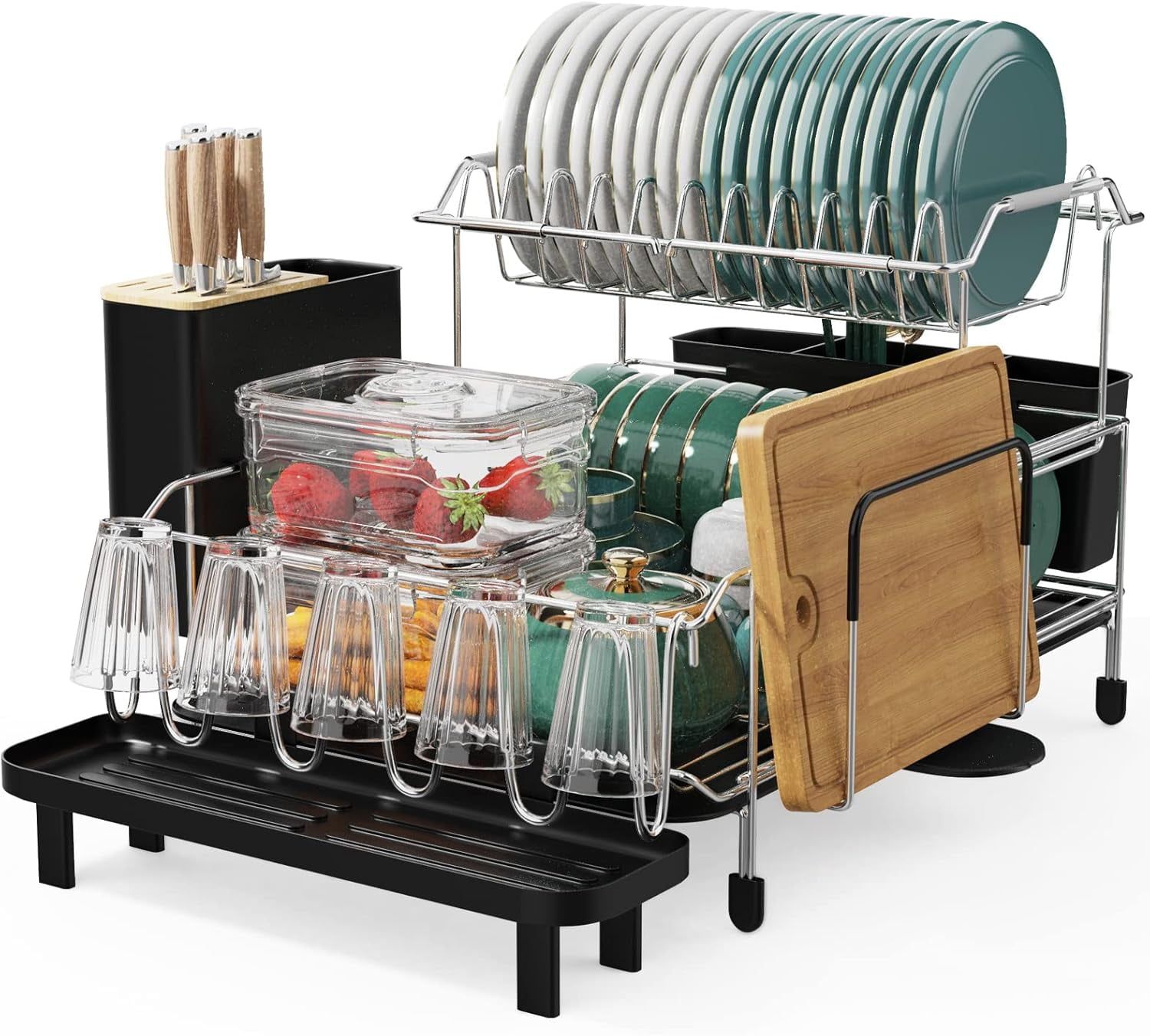 GOFLAME Dish Drying Rack with Drainboard, 2-Tier Detachable Dish Rack ...