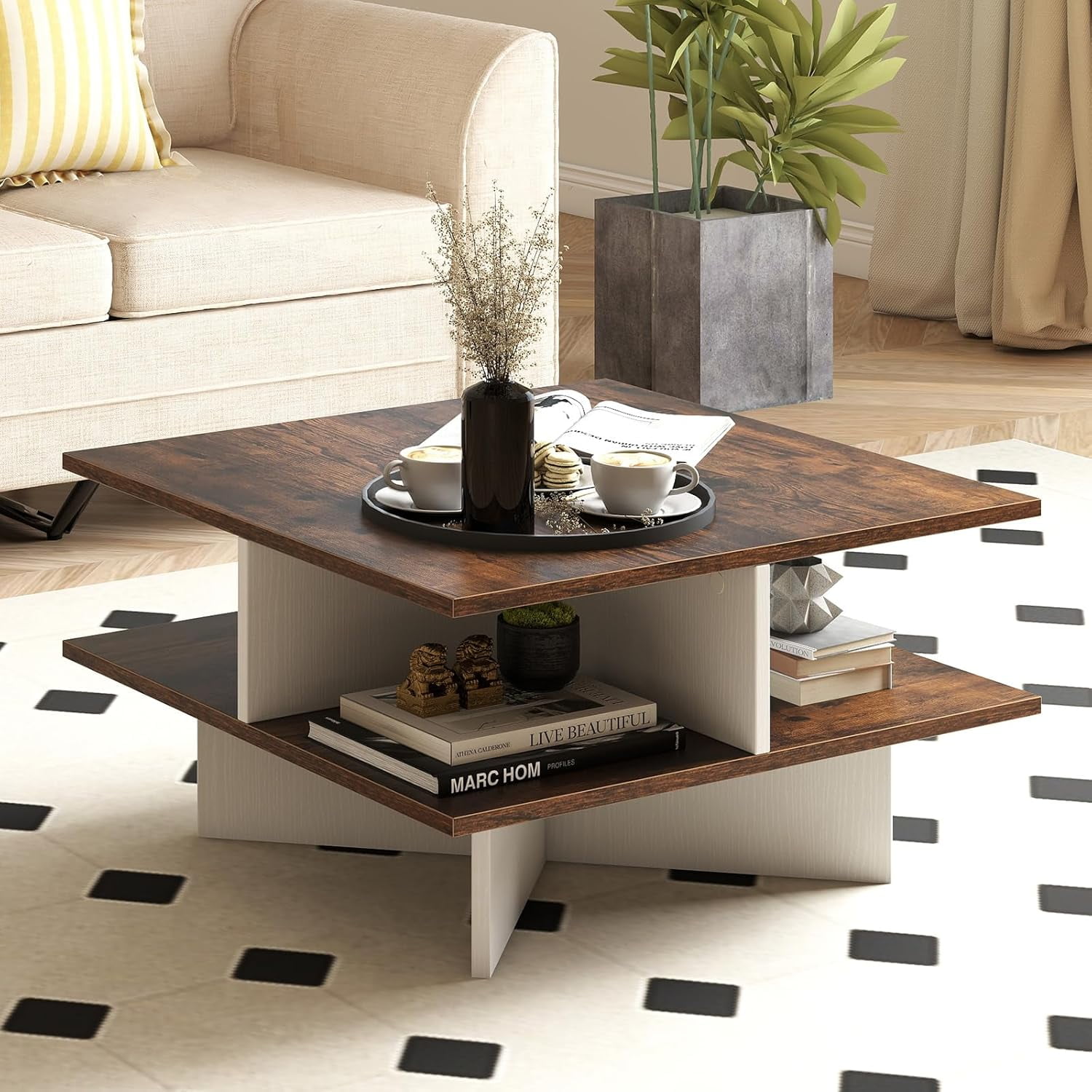 GOFLAME Farmhouse Coffee Table with Storage, 2-Tier Square Center Table ...