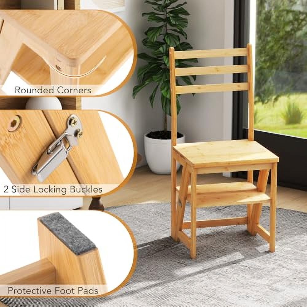 GOFLAME Folding Step Ladder Chair, 3-Step Bamboo Ladder Stool ...