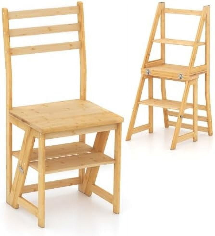 Folding Step Ladder Chair, 3-Step Bamboo Ladder Stool, Multifunctional ...