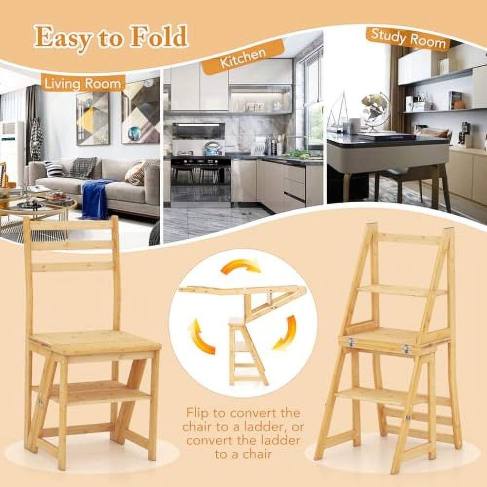 GOFLAME Folding Step Ladder Chair, 3-Step Bamboo Ladder Stool ...