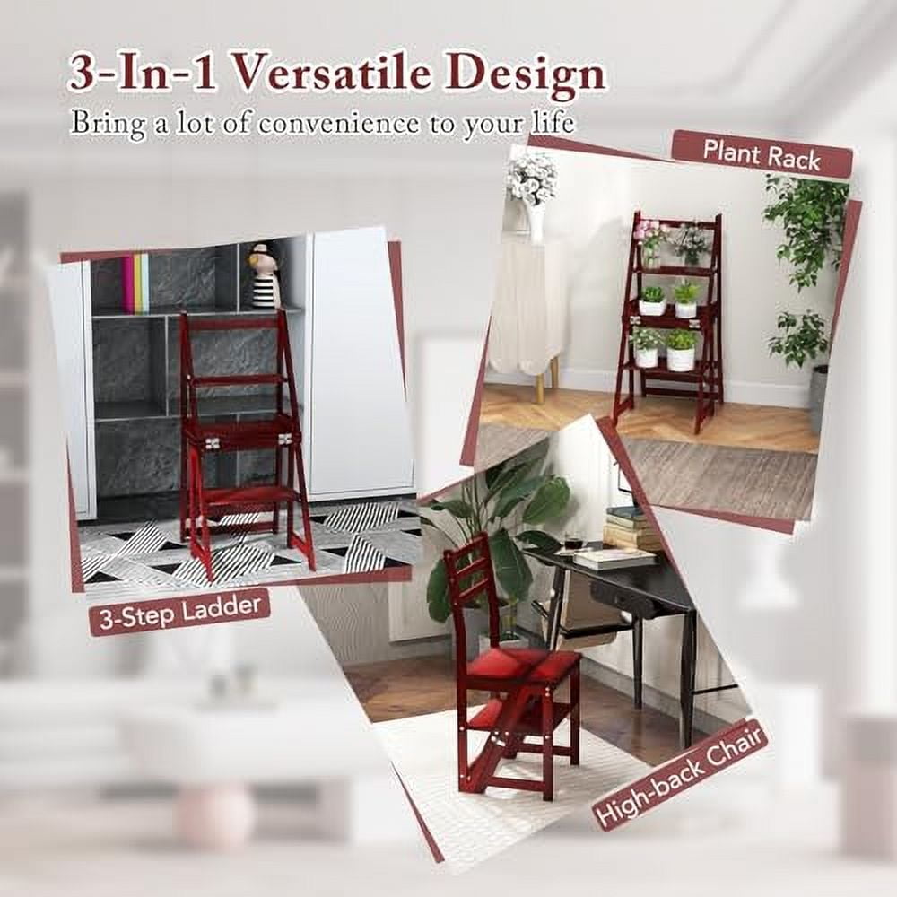 GOFLAME Folding Step Ladder Chair, 3-Step Bamboo Ladder Stool ...