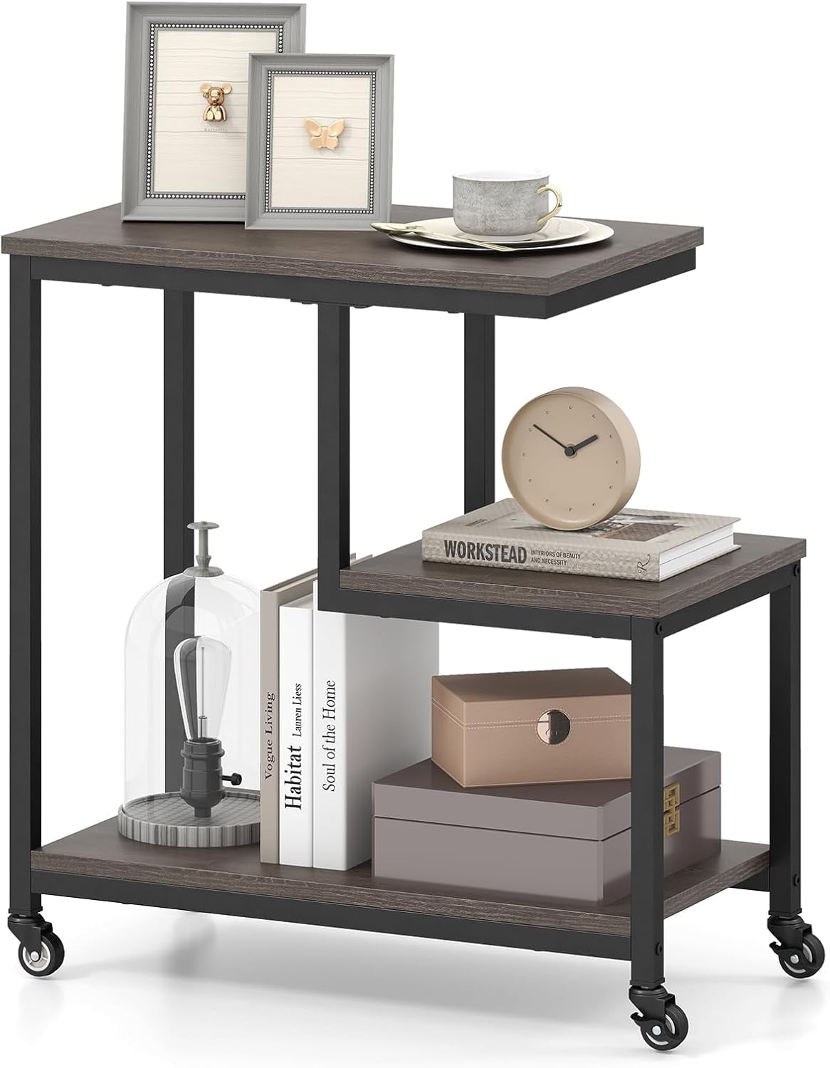 GOFLAME G-Shaped End Table, 3-Tier Sofa Side Table with Wheels, Open ...