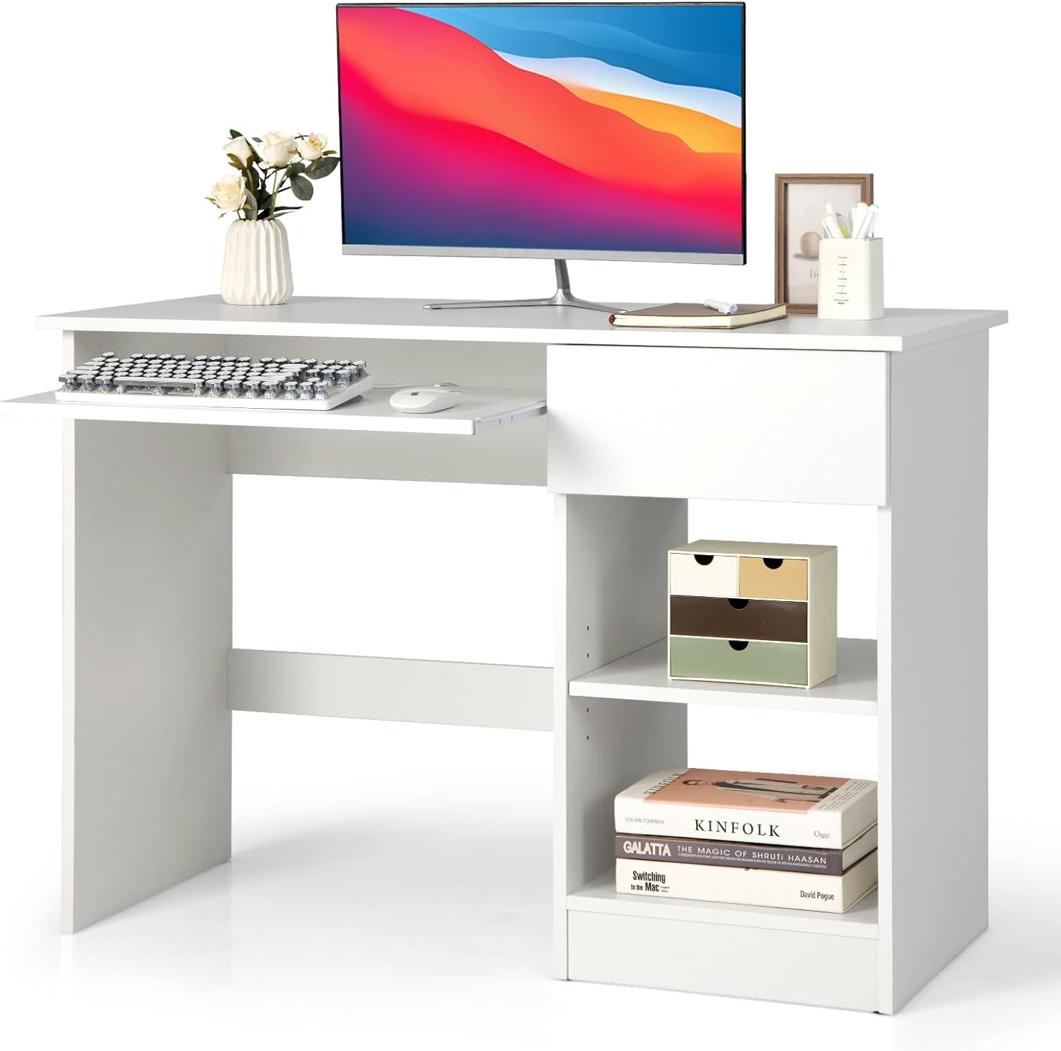 GOFLAME Home Office Desk with Drawer, Wooden Storage Computer Desk with ...