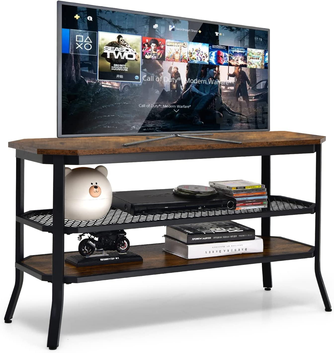 GOFLAME Industrial TV Stand for TVs up to 46", 3-Tier Wood TV Cabinet ...