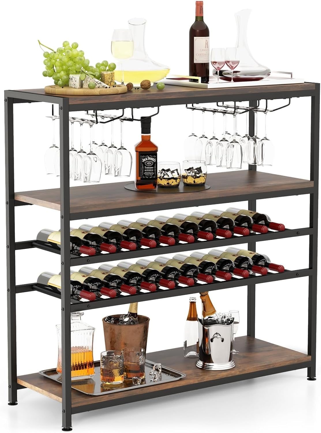 GOFLAME Industrial Wine Rack Table, Wine Bar Cabinet with 2-Tier Wine ...