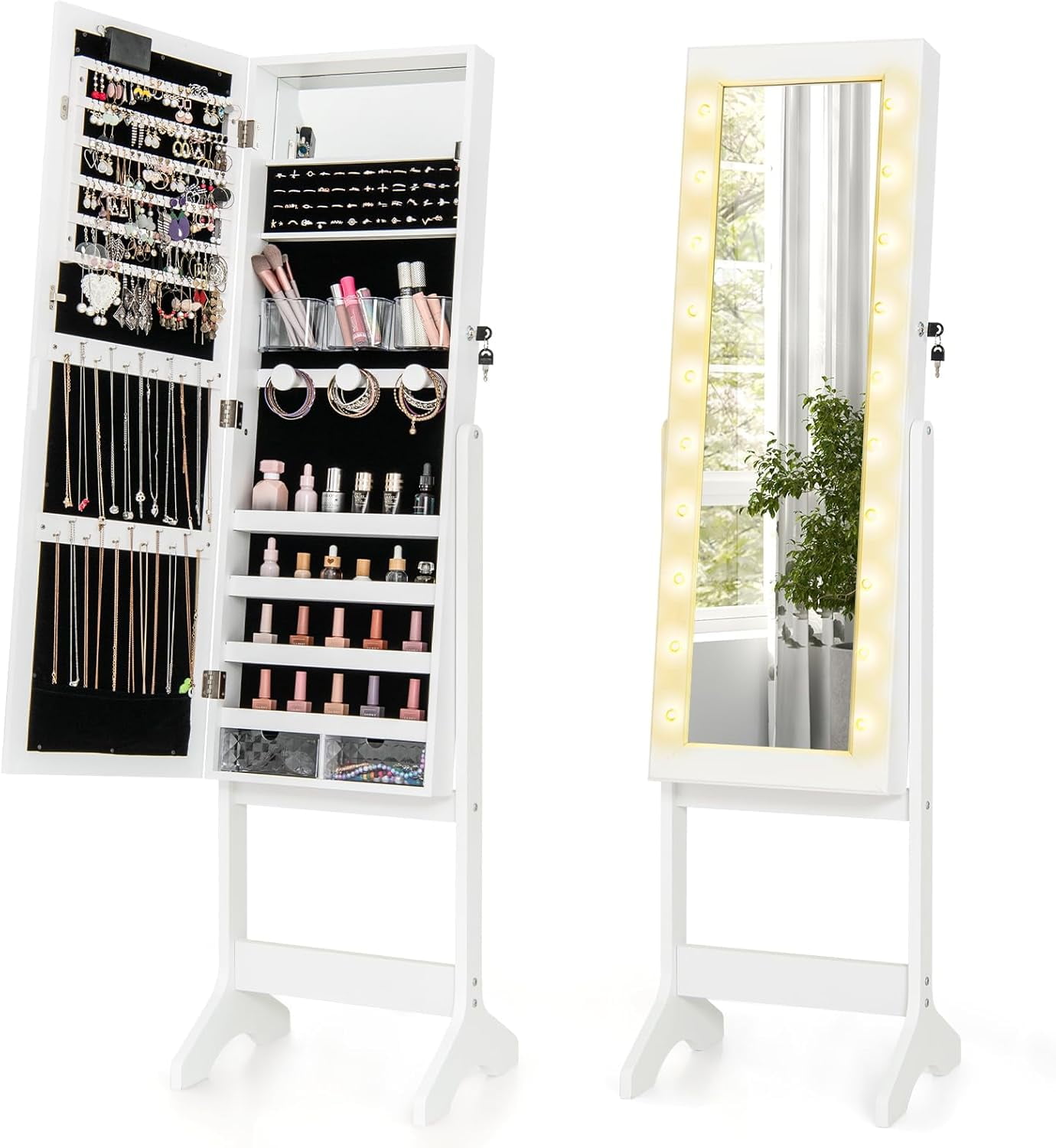 GOFLAME Jewelry Armoire Cabinet Standing, Lockable Full Length Mirror ...