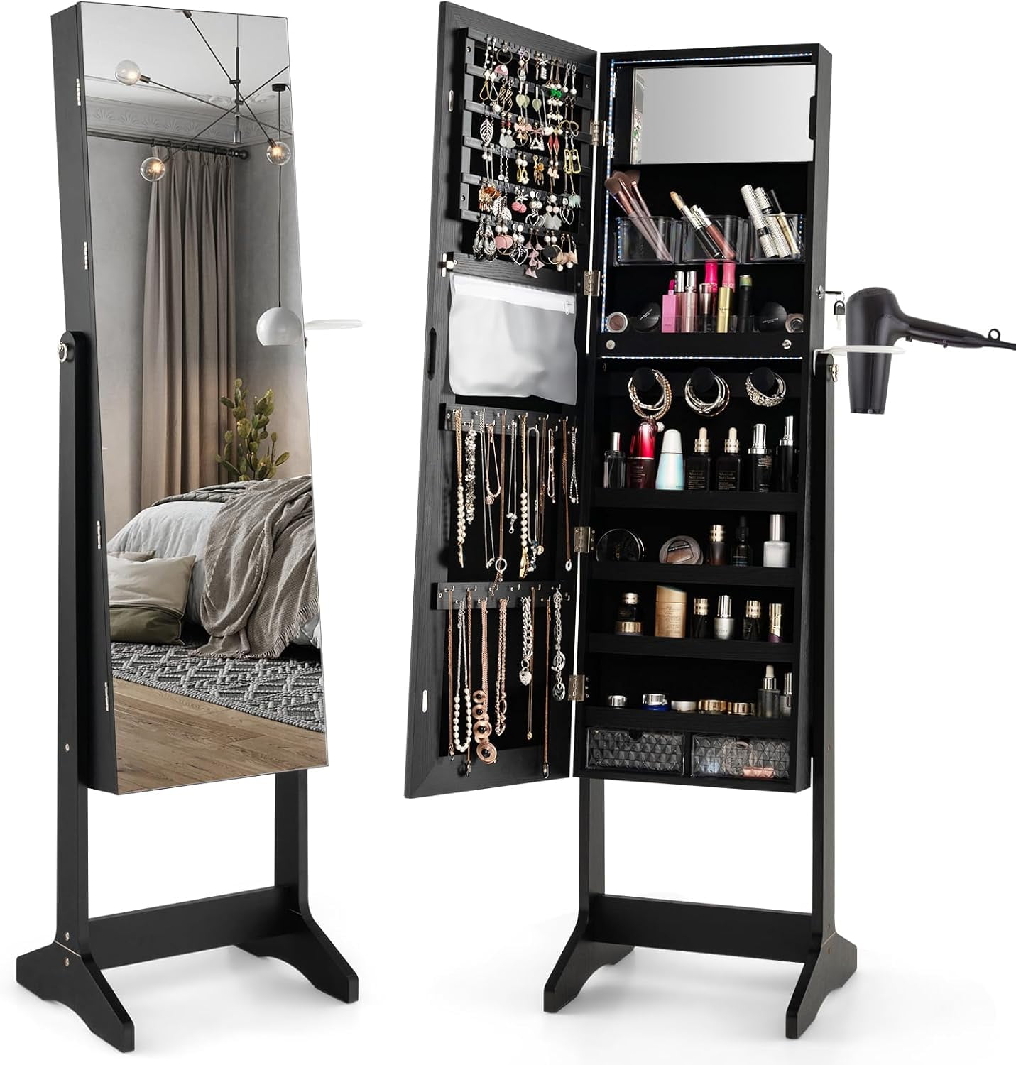 GOFLAME Jewelry Cabinet Armoire, Lockable Freestanding Jewelry Storage ...