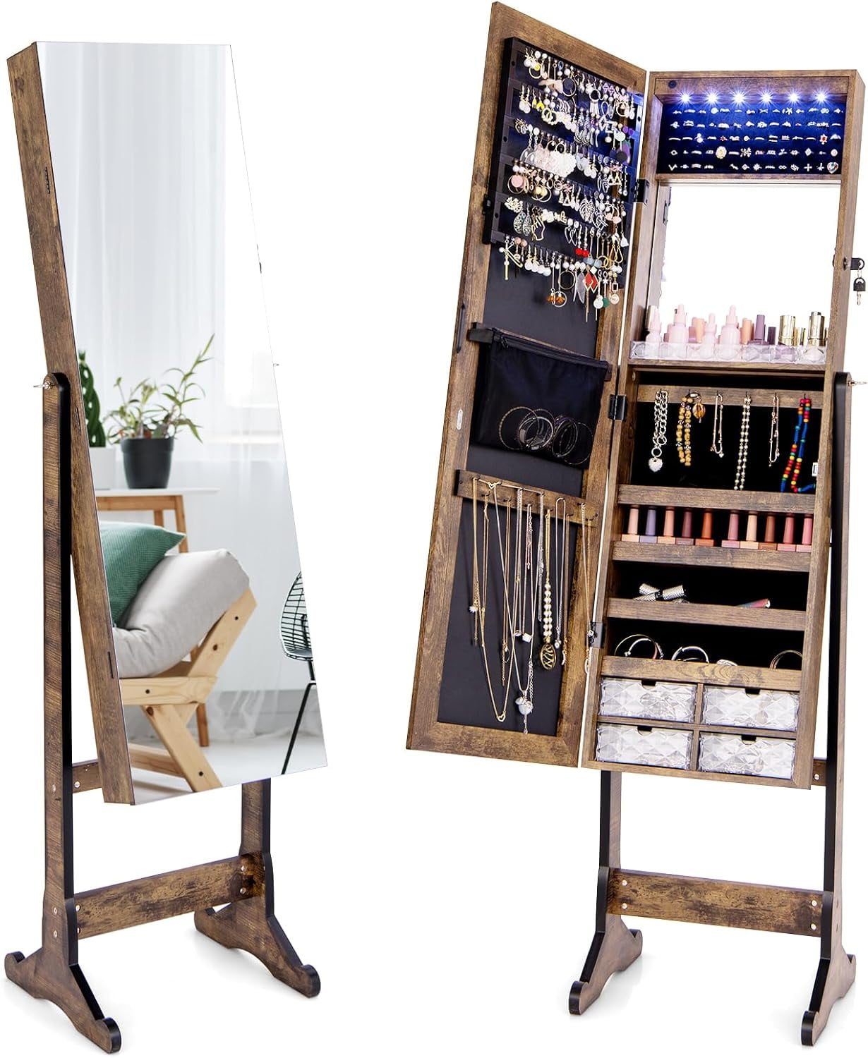 GOFLAME Jewelry Cabinet Freestanding, Lockable Jewelry Armoire ...
