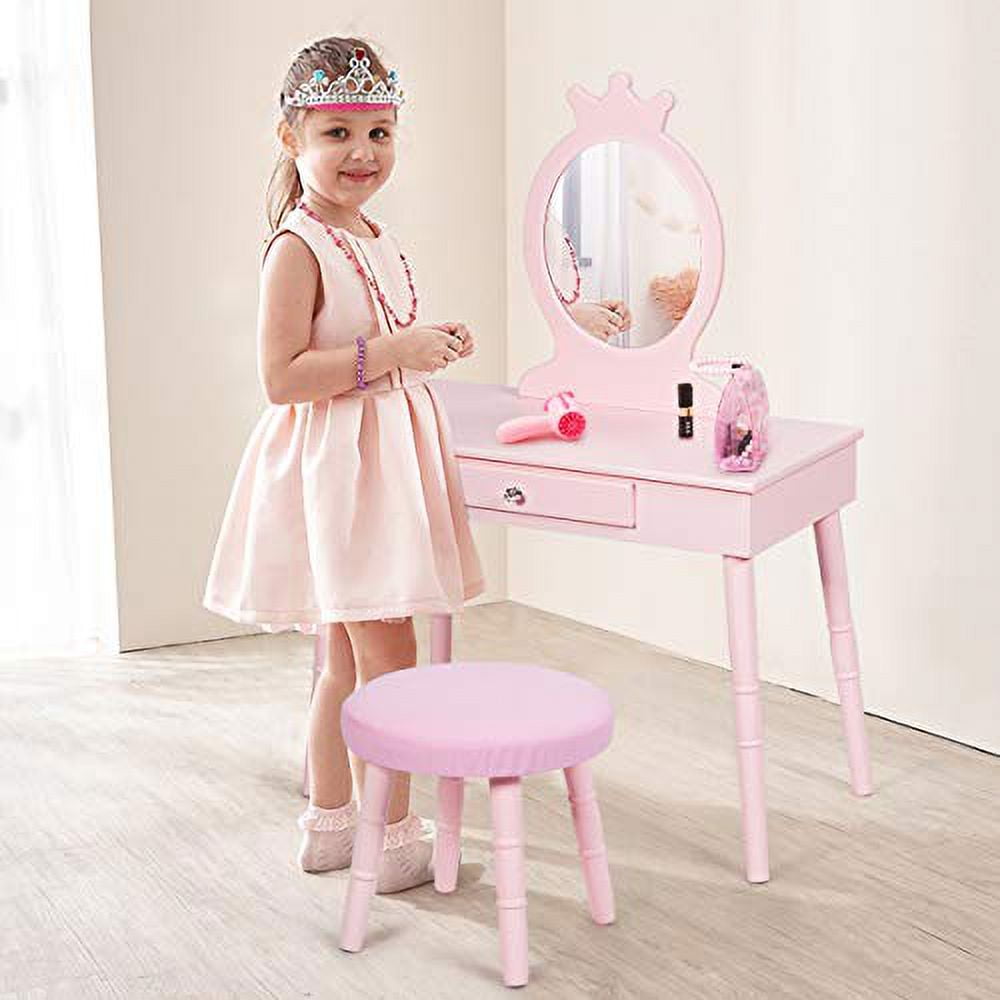 GOFLAME Kids Vanity Set, Princess Dressing Table Set, Wooden Dresser ...