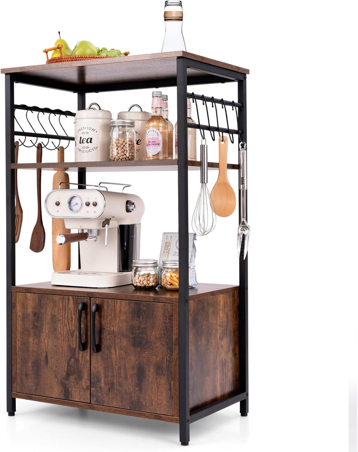 GOFLAME Kitchen Baker's Rack with Cabinet, 3-Tier Pantry Cabinet with 2 ...